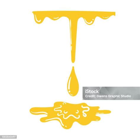 손으로 그린 낙서 떨어지는 꿀 황금 노란색 만화 시럽 또는 주스 떨어지는 액체 기름 은 고립 건강관리와 의술에 대한 스톡 벡터