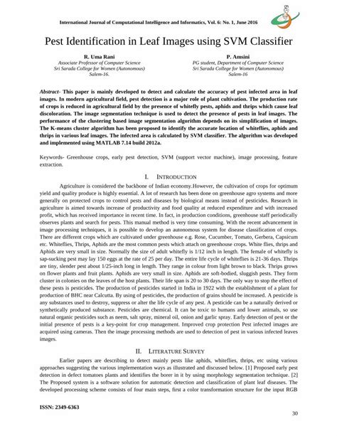 Pdf Pest Identification In Leaf Images Using Svm Classifier · Pest Identification In Leaf