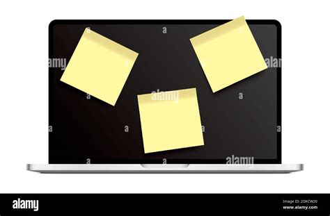 Open Laptop With Yellow Sticky Notes On The Black Screen Isolated On A White Background Modern