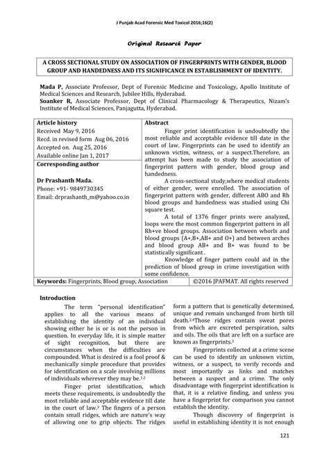 PDF A Cross Sectional Study On Association Of Fingerprints With Gender Blood Group And