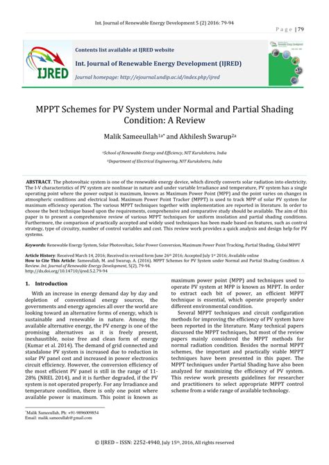 PDF MPPT Schemes For PV System Under Normal And Partial Shading Condition A Review