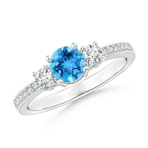 Classic Three Stone Round Swiss Blue Topaz And Diamond Ring