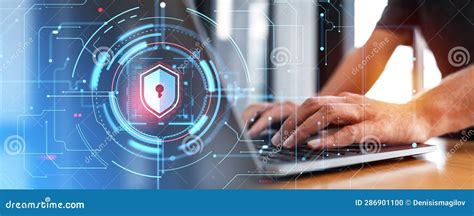 Programmer Hands Using Laptop With Cyber Security Shield Icon Stock