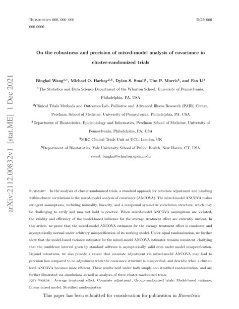 Pdf On The Robustness And Precision Of Mixed Model Analysis Of Covariance In Cluster