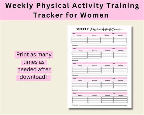 Weekly Physical Activity Tracker Printable Physical Activity Log