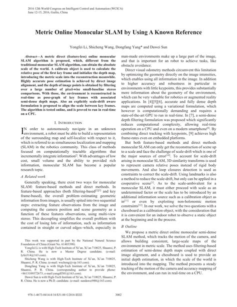 Pdf Metric Online Monocular Slam By Using A Known Reference