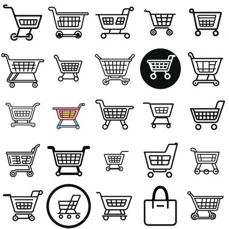 25 쇼핑 카트 아이콘 세트 검정 윤곽선 프리미엄 벡터