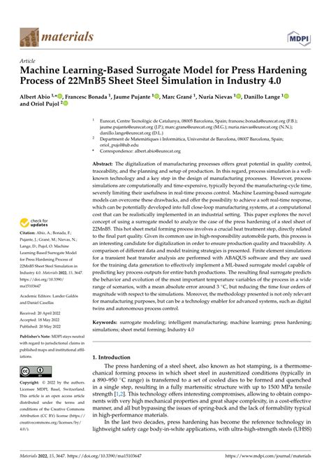 Pdf Machine Learning Based Surrogate Model For Press Hardening Process Of 22mnb5 Sheet Steel