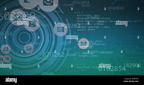 Image Of Computer Language With Message Icons And Scanning Circles On Blue Background Stock