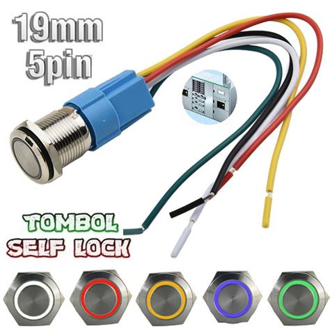 Jual Stainless Push Button Self Locking 19mm Switch With Cap RING LED Saklar Metal 5 Pin