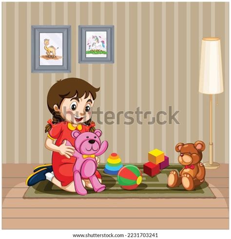 Girl Playing Her Bear Doll Girl Stock Vector Royalty Free 2231703241