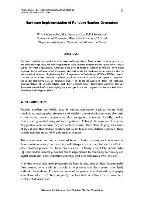 Pdf Hardware Implementation Of Random Number Generators