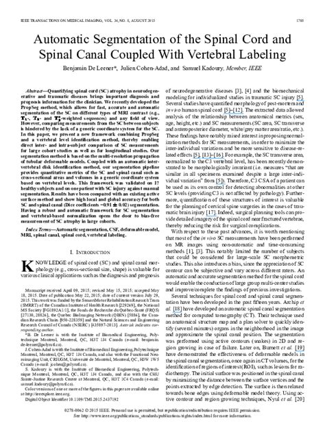 Pdf Automatic Segmentation Of The Spinal Cord And Spinal Canal Coupled With Vertebral Labeling