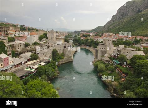 Mostar Old Town And Old Bridge Stari Most Seen From The Minaret Of
