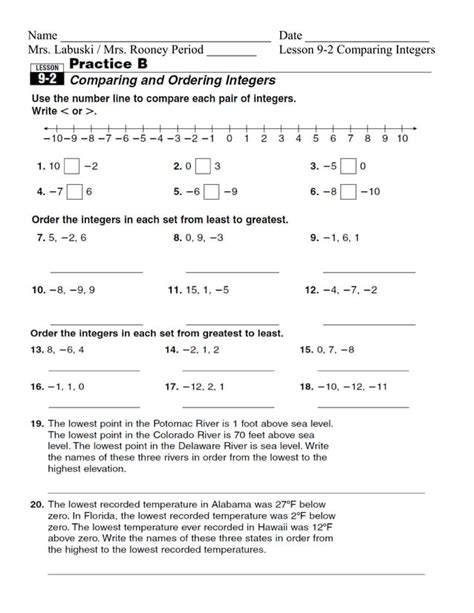 Lesson 9 2 Comparing Integers Docx
