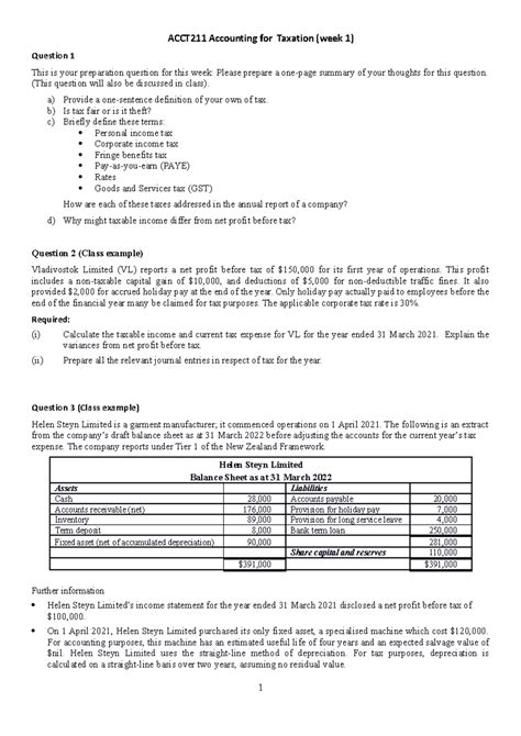 Acct211 Tax Tut 1 Questions Acct211 Accounting For Taxation Week 1