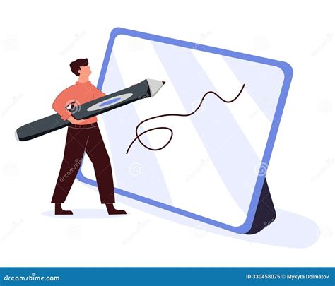 Designer Holding Stylus Sketching And Drawing Creative Tiny Man Digital Artist With Huge
