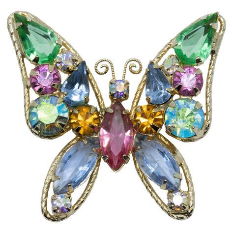 Retro Jeweled Butterfly Pin Brooch In Gold Mid Late 1900s Open Back