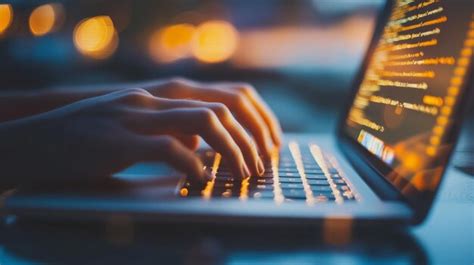Developer Coding On A Laptop With Soft Bokeh Lights In The Background Highlighting The Focus On