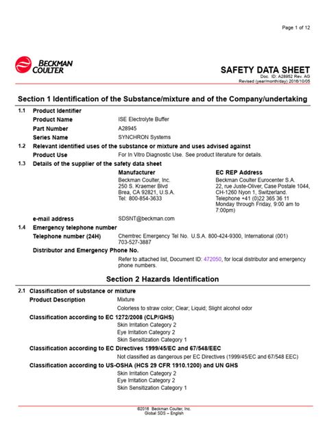 Ise Electrolyte Buffer A28952ag Pdf Dangerous Goods Toxicity