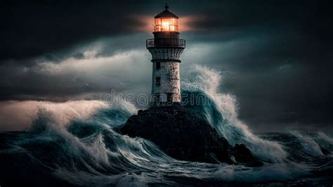 Lighthouse Shines Brightly In The Dark In A Raging Sea A Storm