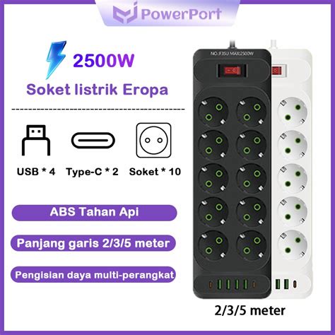 Jual Powerport Soket Listrik Eropa 2500w Power Strip Power Socket Stop Kontak Colokan Usb