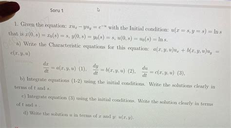 solved 1 given the equation xux−yuy e−u with the initial