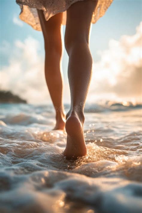 Barefoot Steps On Sandy Shore During Serene Sunrise Stock Image Image