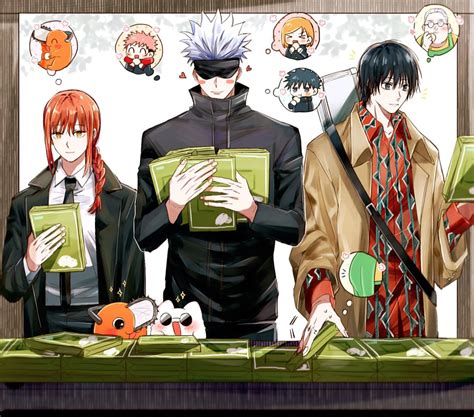 Anime Crossover Fan Art Three Chibi Characters With Money And Green