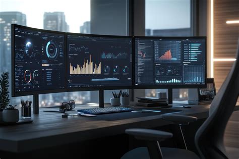 Modern Workstation With Three Monitors Displaying Data And Charts Premium Ai Generated Image