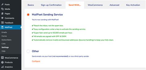 Settings The Send With Tab Mailpoet Knowledge Base
