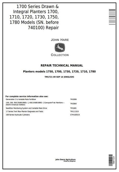 John Deere 1700 1710 1720 1730 1750 1780 Planter Repair Technical