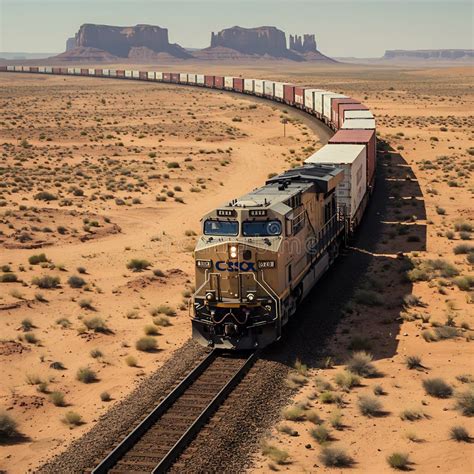 A Long Freight Train Travels Through A Desert Landscape With Sparse