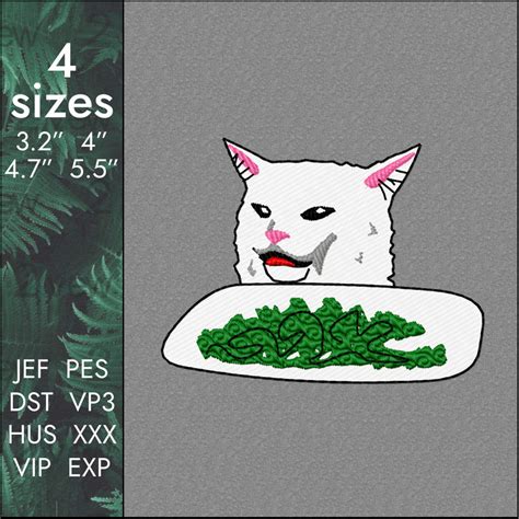 Salad Cat Embroidery Design Smudge Meme Kitty 4 Sizes Inspire Uplift