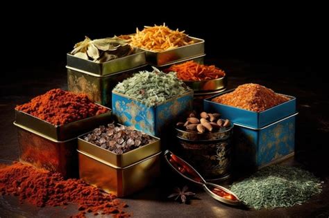Premium Ai Image Exotic Spice Mixtures In Decorative Metal Boxes