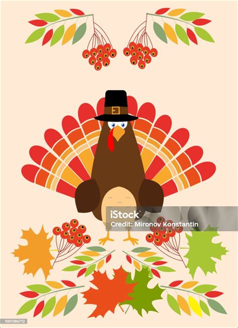 감사 인사 카드 빨간 깃털 터키 새 순례자 모자 재미 있는 만화 캐릭터 휴일입니다 벡터 일러스트 레이 션 단풍나무 잎 배경 11월에 대한 스톡 벡터 아트 및 기타 이미지