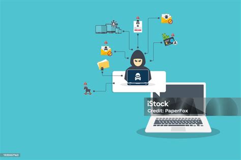 기밀 데이터 개인 정보 및 신용 카드 세부 사항을 훔치는 노트북 컴퓨터와 해커 해킹 개념 스톡 일러스트레이션 기민에 대한 스톡 벡터 아트 및 기타 이미지 Istock