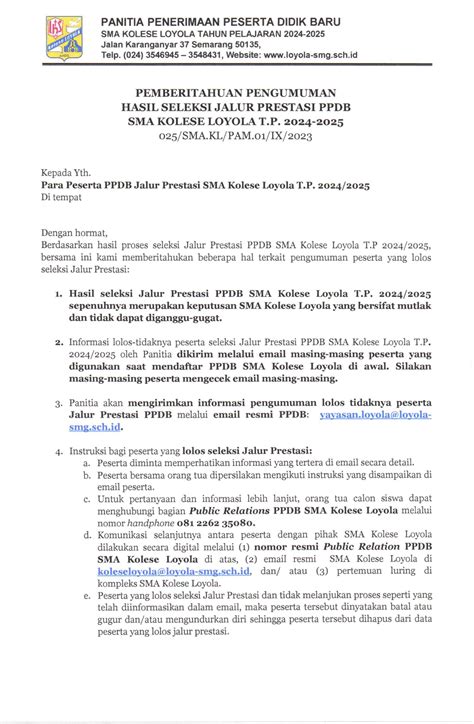 Pengumuman Hasil Seleksi Jalur Prestasi Ppdb Sma Kolese Loyola T P 2024 2025 Sma Kolese Loyola