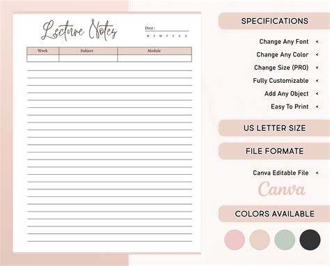 Lecture Notes Printable Template Editable Study Notes Lined Etsy