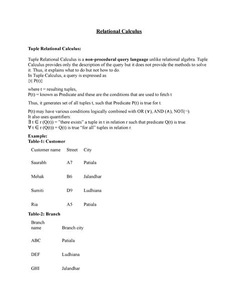 Relational Calculus Tuple It Thus It Explains What To Do But Not