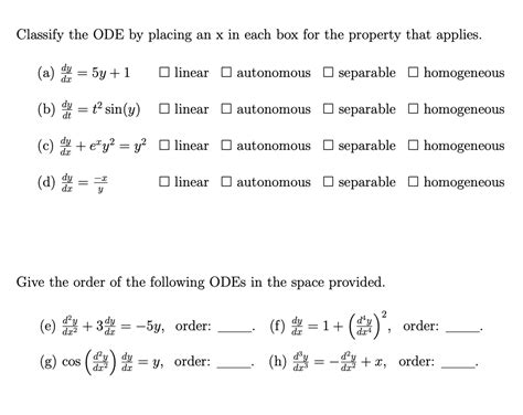 Solved Classify The ODE By Placing An X In Each Box For The Chegg Com