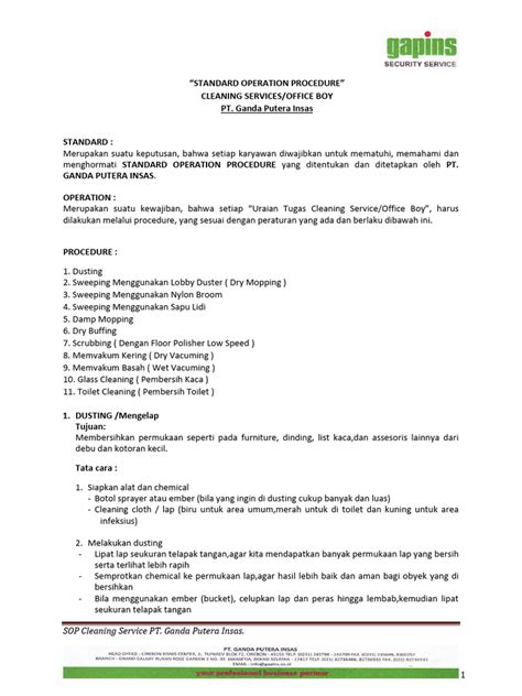 Sop Dasar Cleaning Services Operations Pt Gapins Pdf