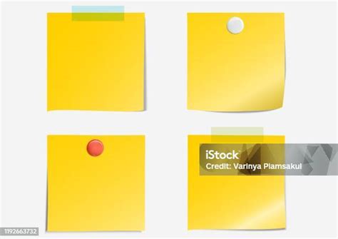 포스트 노트 라벨 어두운 노란색 종이 스티커 테이프 흰색과 빨간색 엄지 손가락 압정 그림자와 회색 배경에 설정 벡터 일러스트