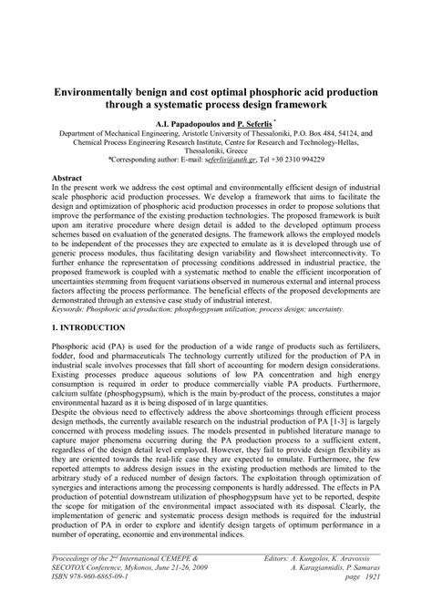 Pdf Environmentally Benign And Cost Optimal Phosphoric Acid Production Through A Systematic
