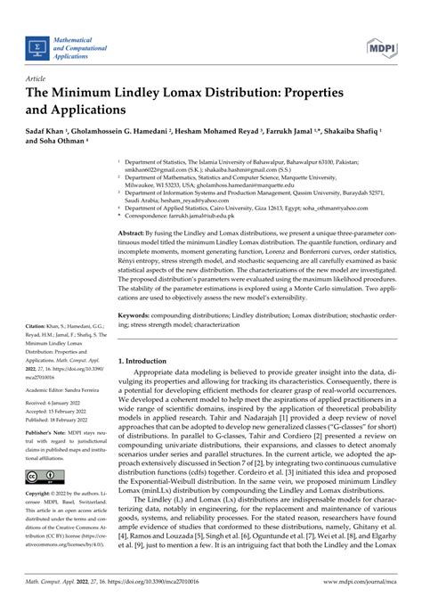 Pdf The Minimum Lindley Lomax Distribution Properties And Applications