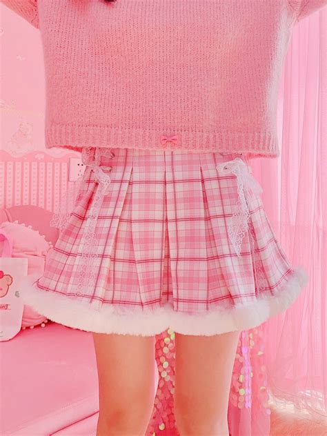 Pink Plaid Pleated Skirt With Plush Edge Mini Skirts Plaid Pleated