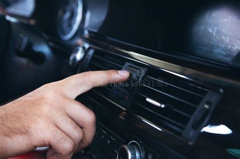 A Man Presses The Start Button In The Car Stock Image Image Of Power Detail