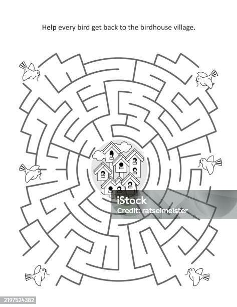 어린이를 위한 미로 게임 또는 활동 페이지 모든 새가 새집 마을로 돌아갈 수 있도록 도와주세요 0명에 대한 스톡 벡터 아트 및 기타 이미지 Istock