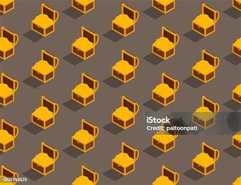 보물 상자 금화 3d 아이소메트릭 원활한 패턴 부 개념 포스터 및 소셜 배너 포스트 디자인 일러스트 카피 공간 갈색 배경에 고립 된 벡터 Eps 10 골동품에 대한 스톡