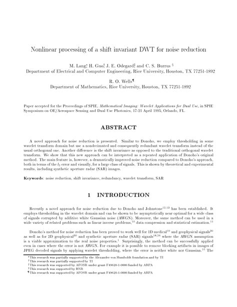 Pdf Nonlinear Processing Of A Shift Invariant Dwt For Noise Reduction